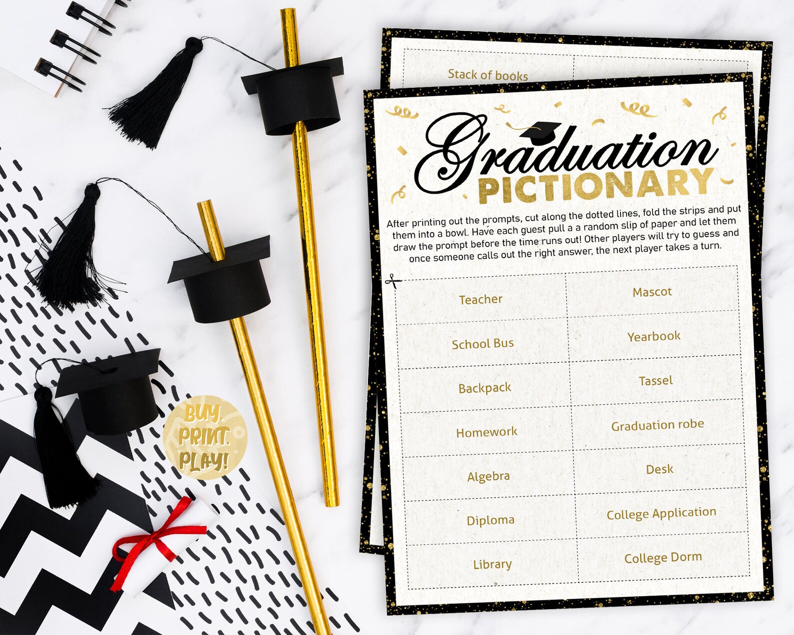 36 Graduation Pictionary Prompts Printable Games for High School ...