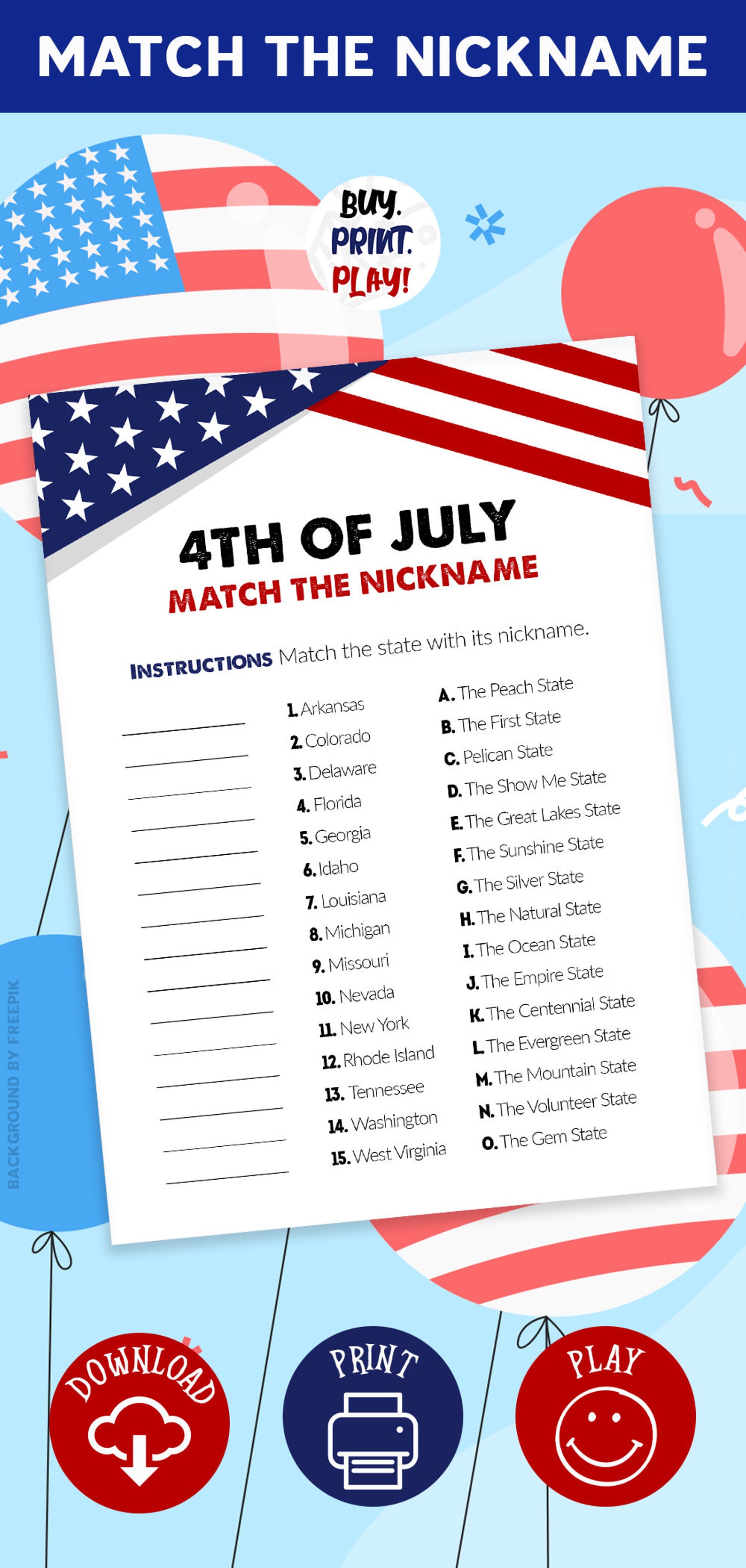 Fourth of July Trivia Game Match the State's Nickname - Etsy