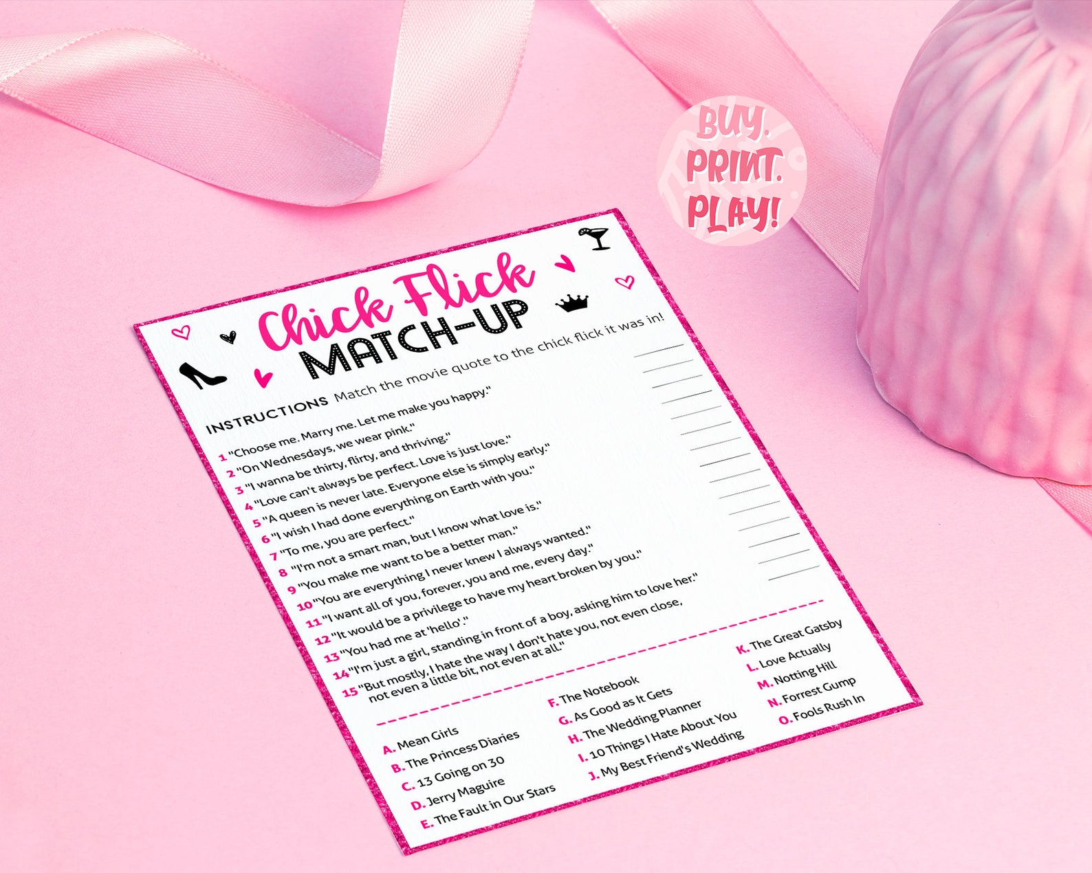 Chick Flick Match up Quote Trivia Ladies Night Party Printable Game ...