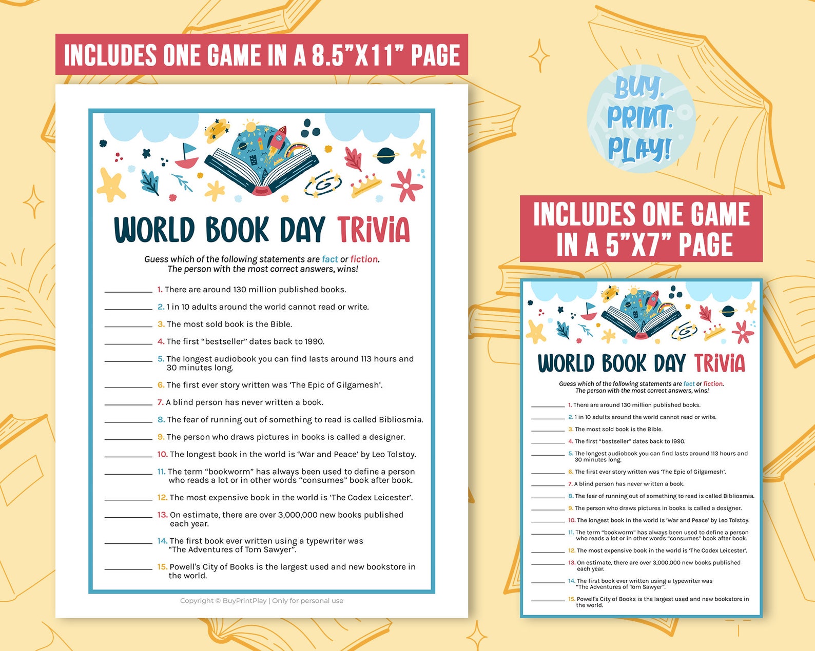 World Book Day Trivia Printable Games Books Fact or - Etsy