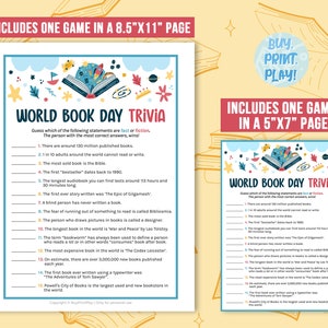 World Book Day Trivia Printable Games Books Fact or - Etsy