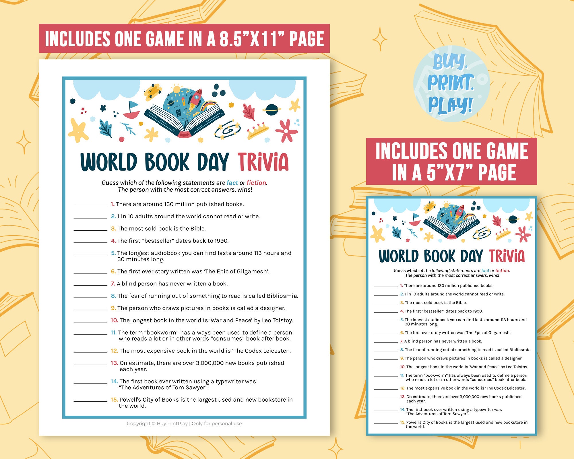 World Book Day Trivia Printable Games Books Fact or - Etsy