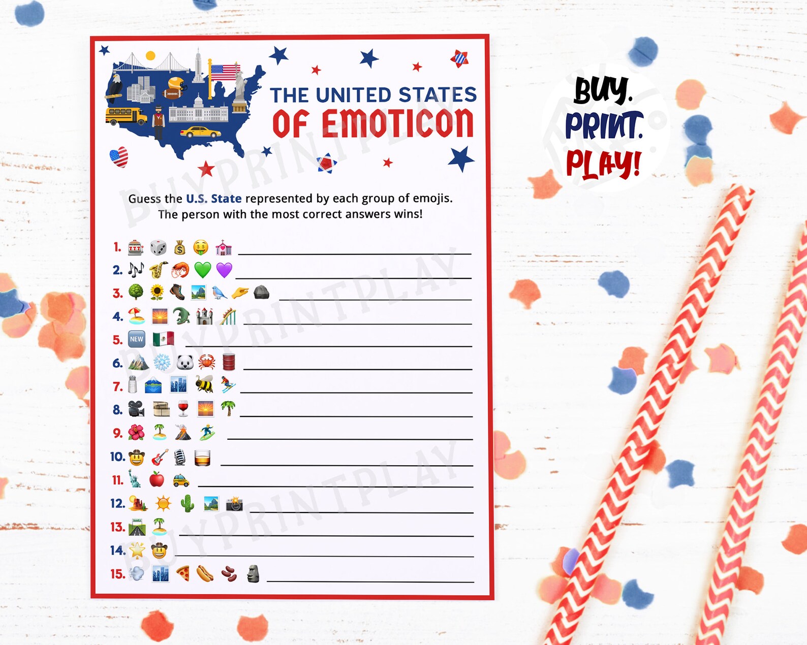 US States Emoji Pictionary Game 4th of July Games USA - Etsy UK