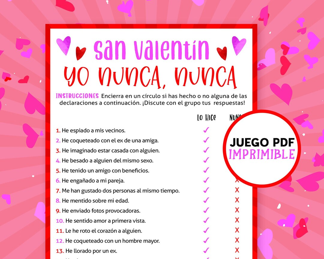 Valentines Day Never Have I Ever in Spanish Games for Adults Juegos De ...