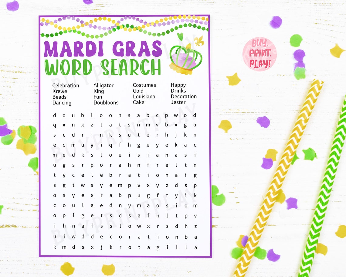 Mardi Gras Word Search Party Games New Orleans Fat Tuesday | Etsy