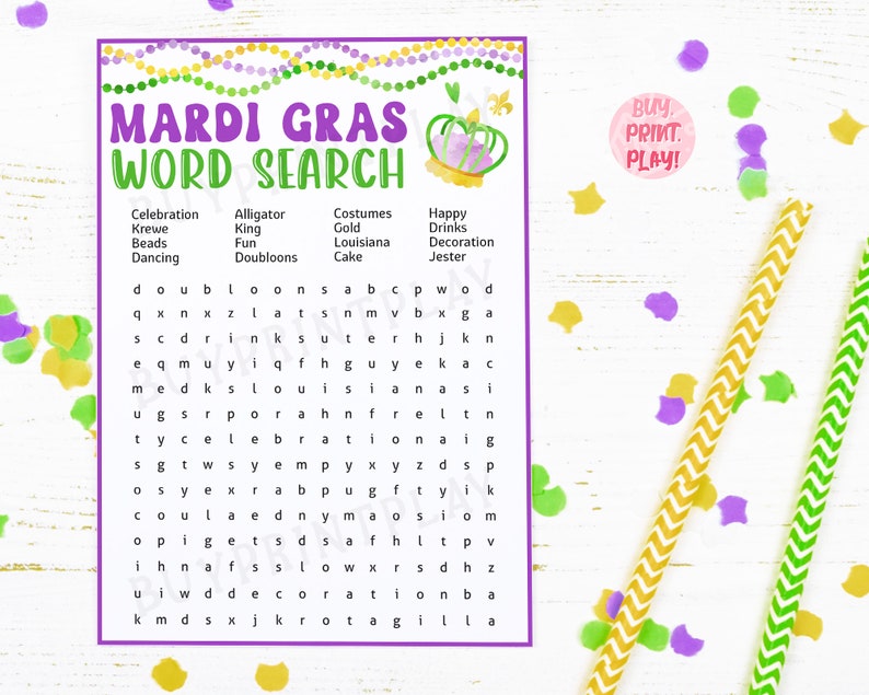 Mardi Gras Word Search Party Games New Orleans Fat Tuesday | Etsy