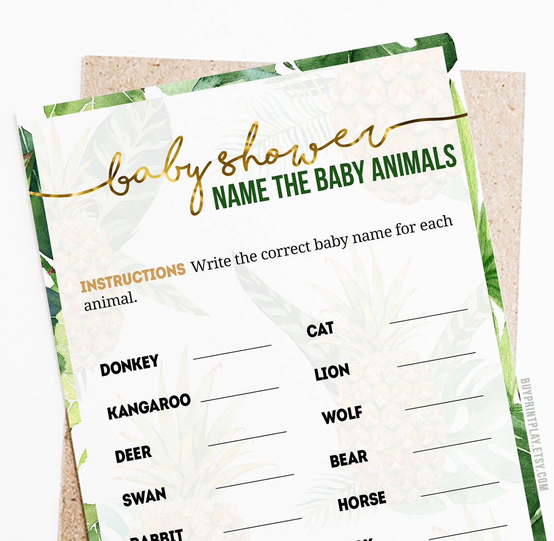 Name the Baby Animals Baby Shower Game Greenery Baby Shower | Etsy