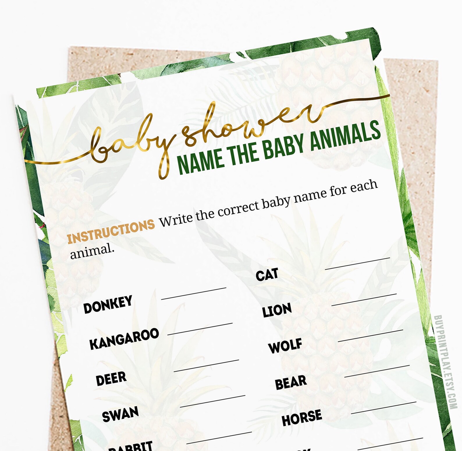 Name the Baby Animals Baby Shower Game Greenery Baby Shower | Etsy