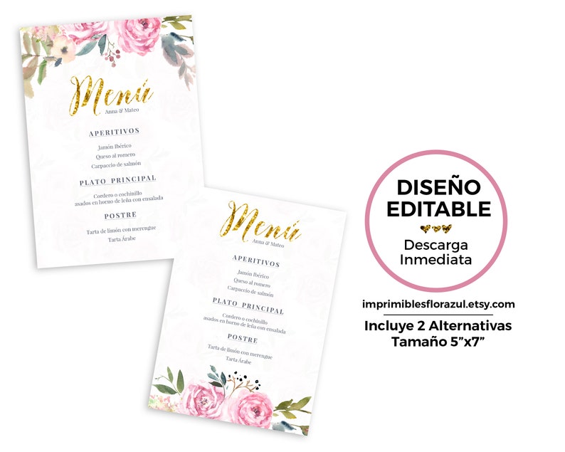Floral Wedding Menu in Spanish Editable Template | Etsy