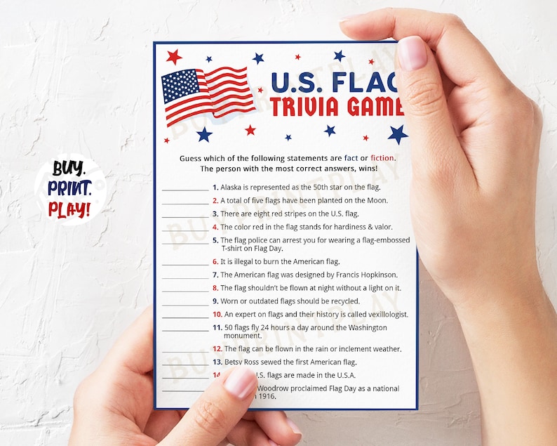 U.S. Flag Trivia Game 4th of July Independence Day Fact or | Etsy