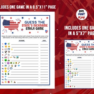 US States Nickname Emoji Quiz Game | 4th of July Party Printable ...