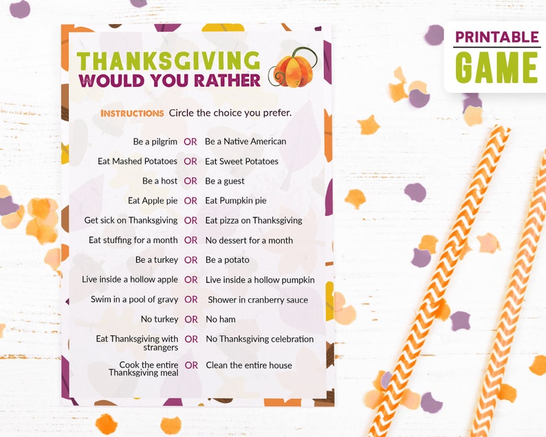 Would You Rather Thanksgiving Game Printable Games for Kids | Etsy