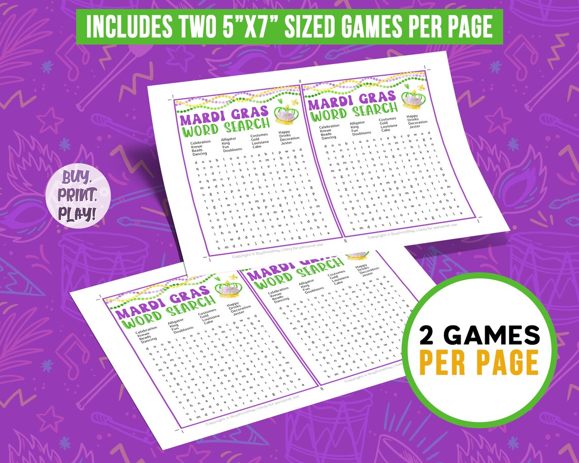 Mardi Gras Word Search Party Games New Orleans Fat Tuesday | Etsy