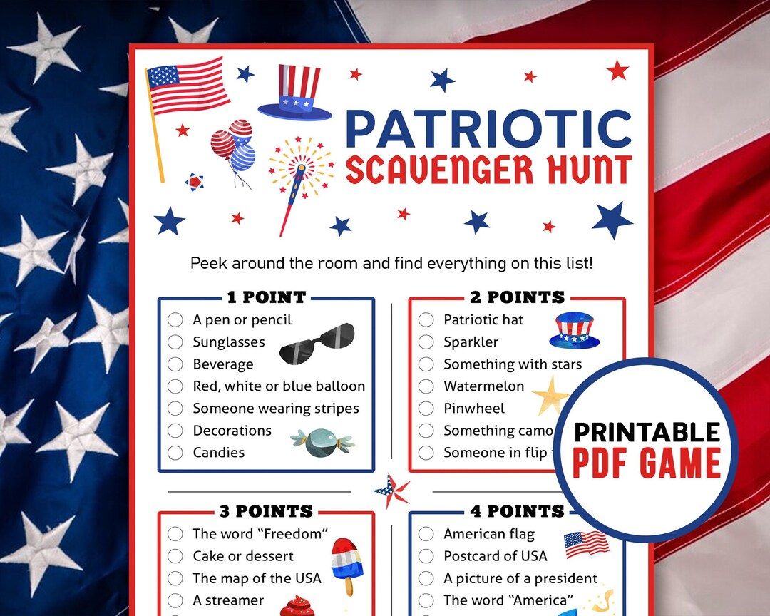 4th of July Patriotic Scavenger Hunt | Printable Games for Adults ...