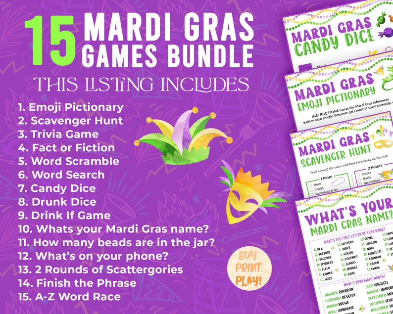 Mardi Gras Games Bundle Carnival Mardi Gras Themed Party - Etsy
