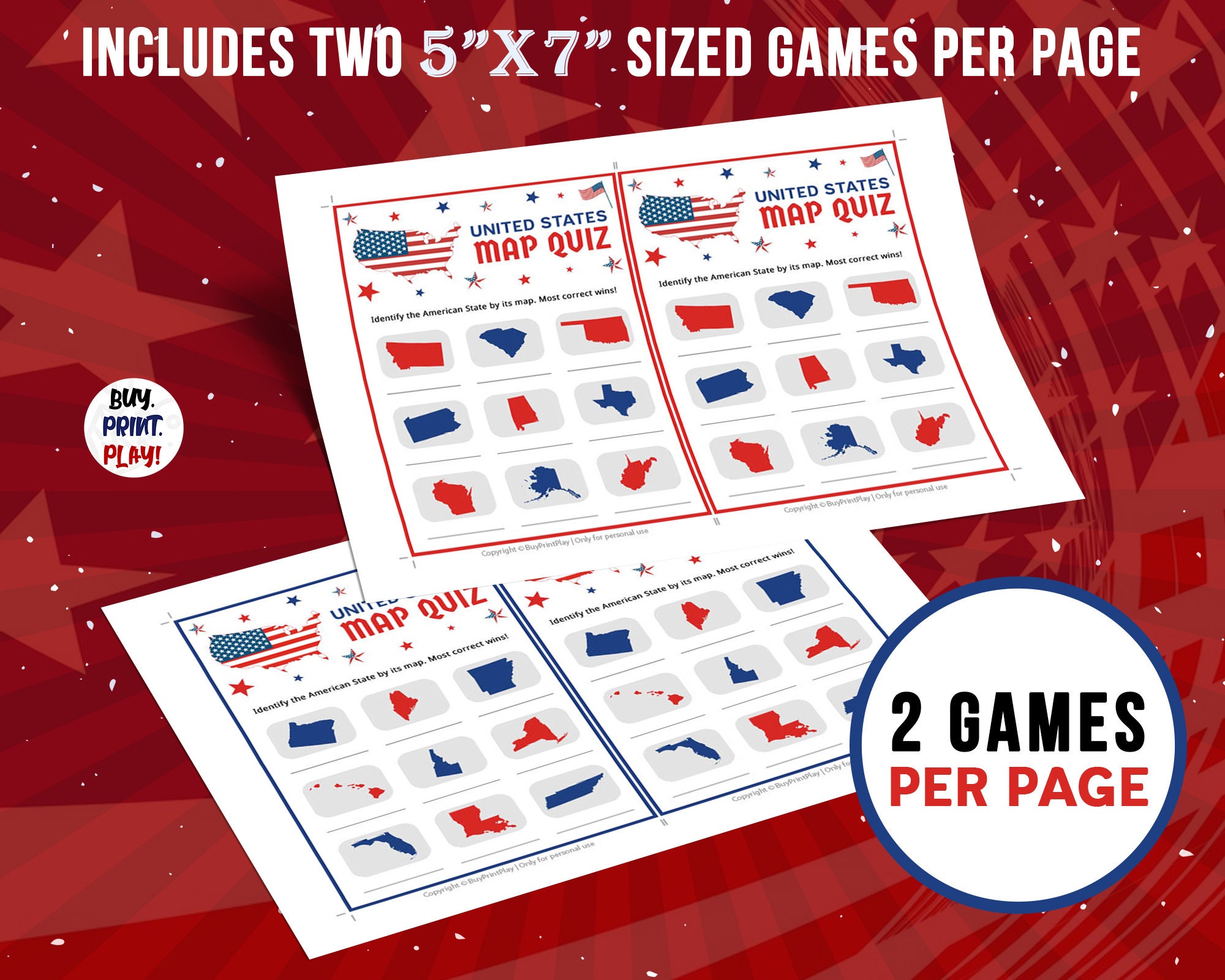 United States Map Picture Quiz 4th of July Patriotic Trivia - Etsy