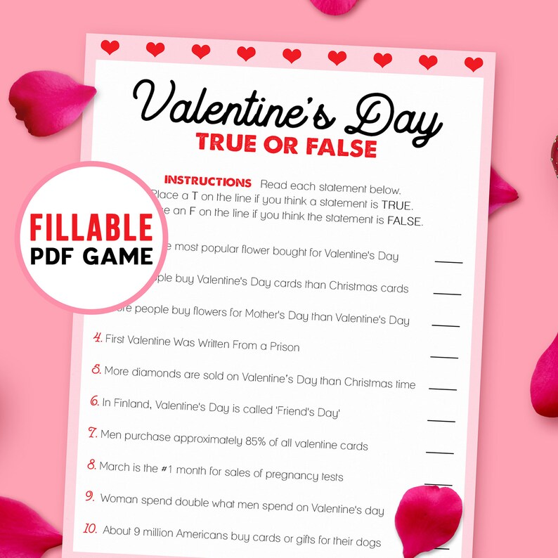 True Or False Trivia Valentines Day Printable Game Etsy