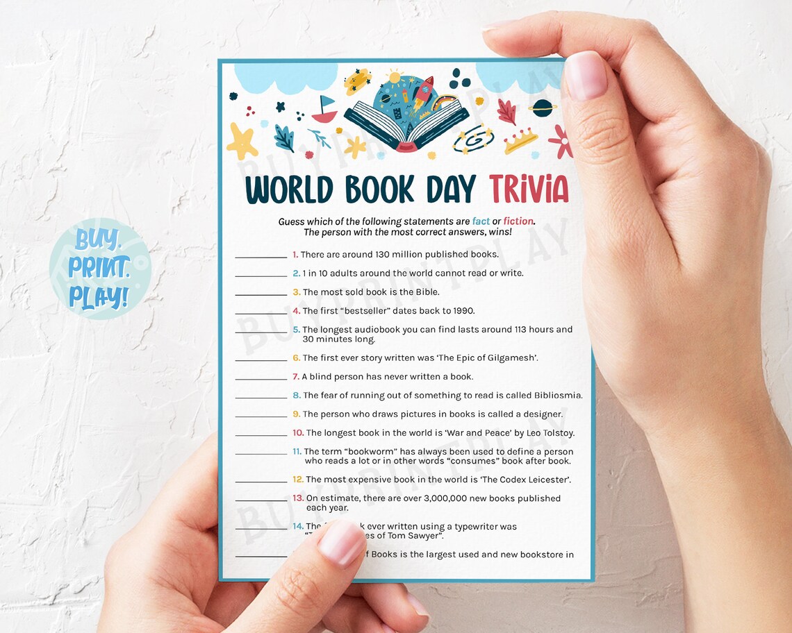 World Book Day Trivia Printable Games Books Fact or - Etsy