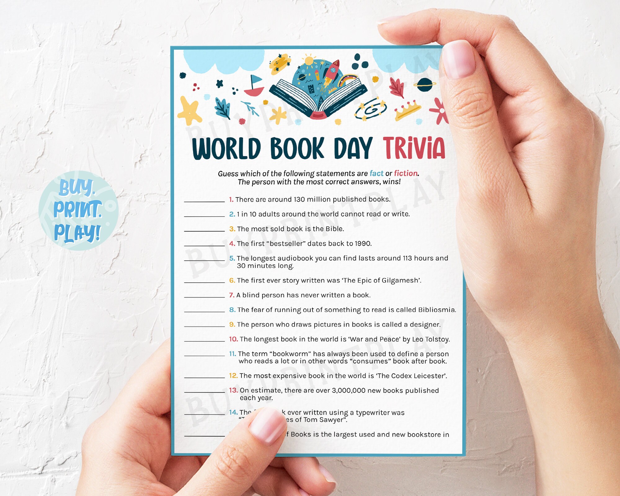 World Book Day Trivia Printable Games Books Fact or - Etsy