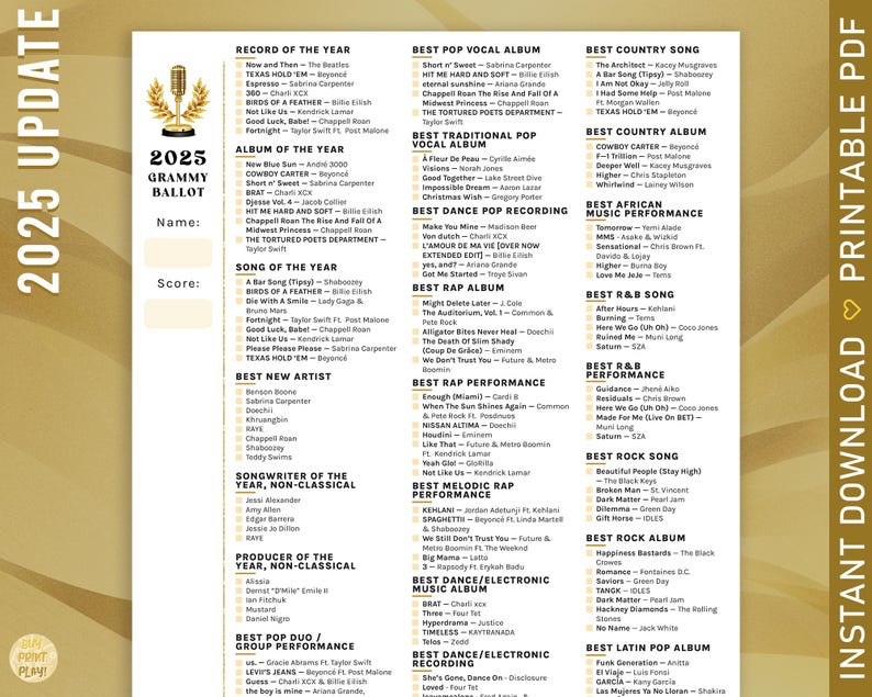 Printable 2025 Grammys Voting Ballot | Predictions Game for Television ...