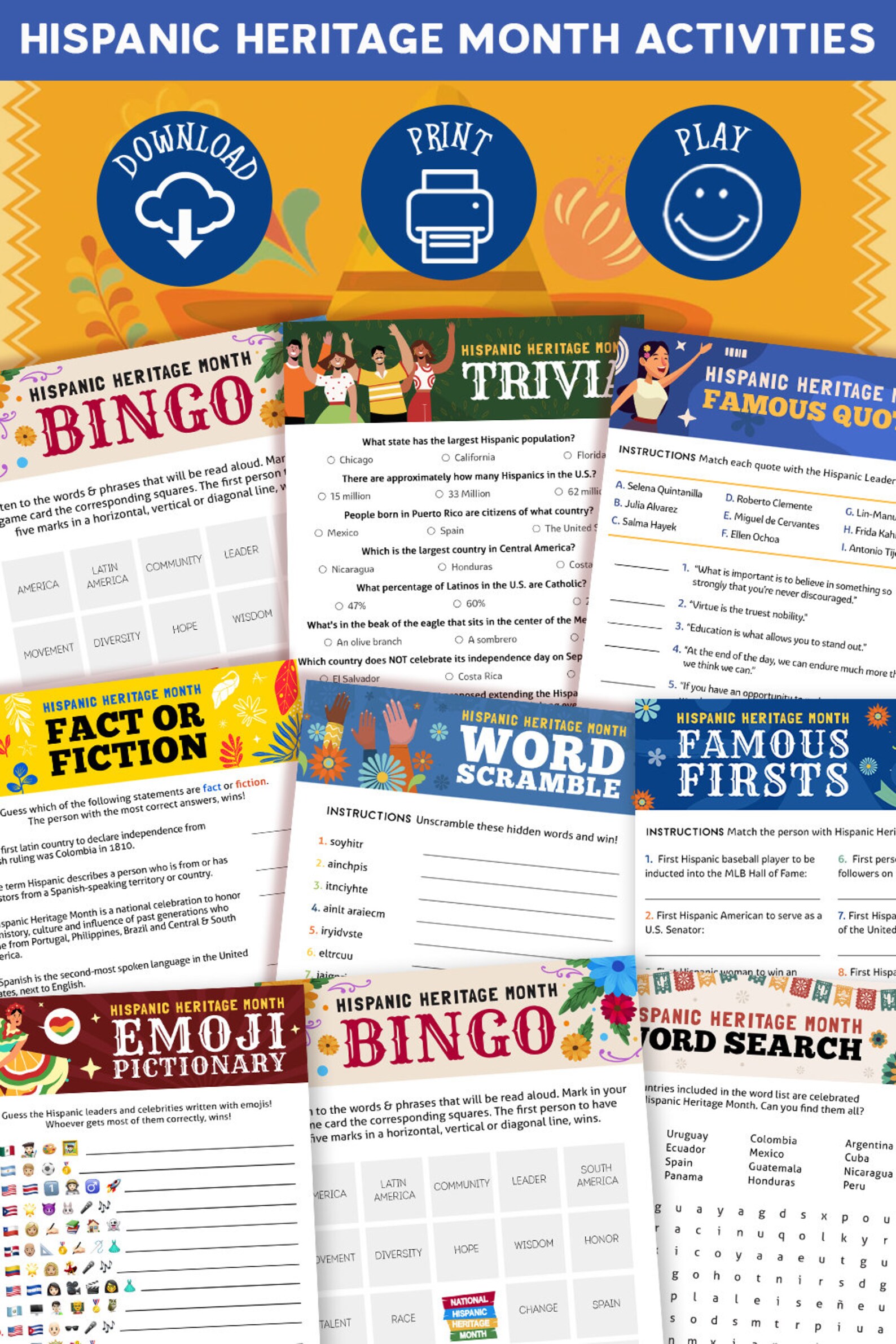 Hispanic Heritage Month Games Bundle History Printable - Etsy