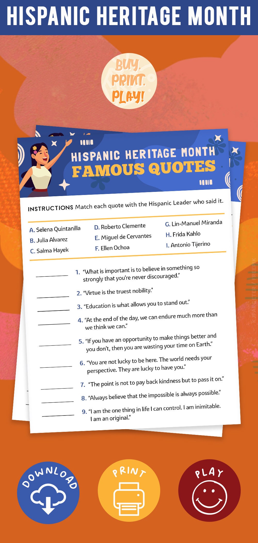 Hispanic Heritage Month Famous Quotes Trivia Game Latin - Etsy