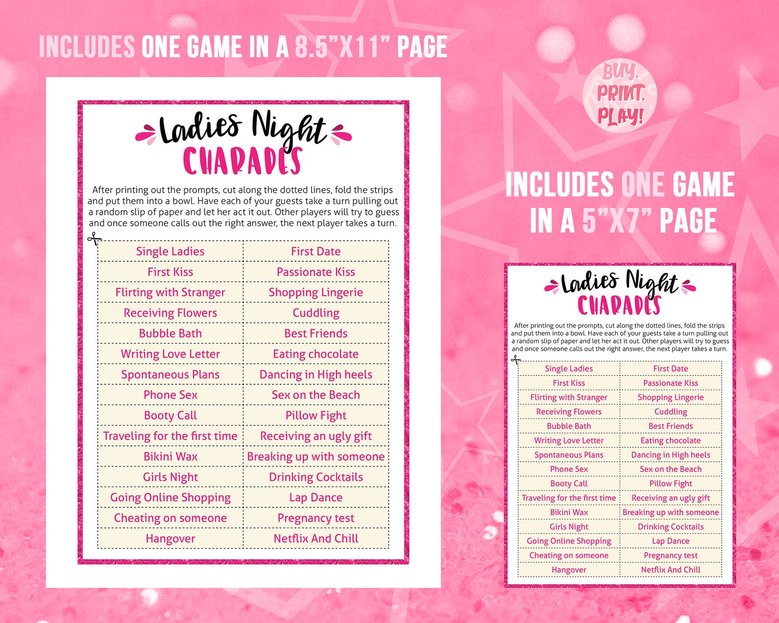 Ladies Night 30 Charades Prompts Printable Games for Adults - Etsy