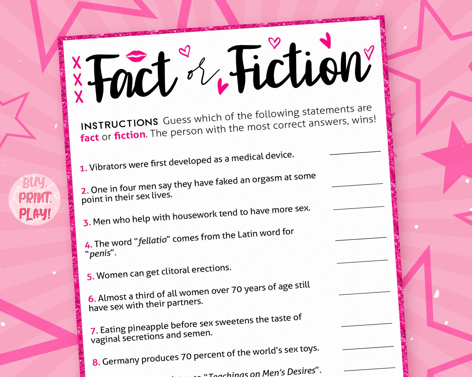 Dirty Fact or Fiction Adult Trivia Ladies Night Games - Etsy