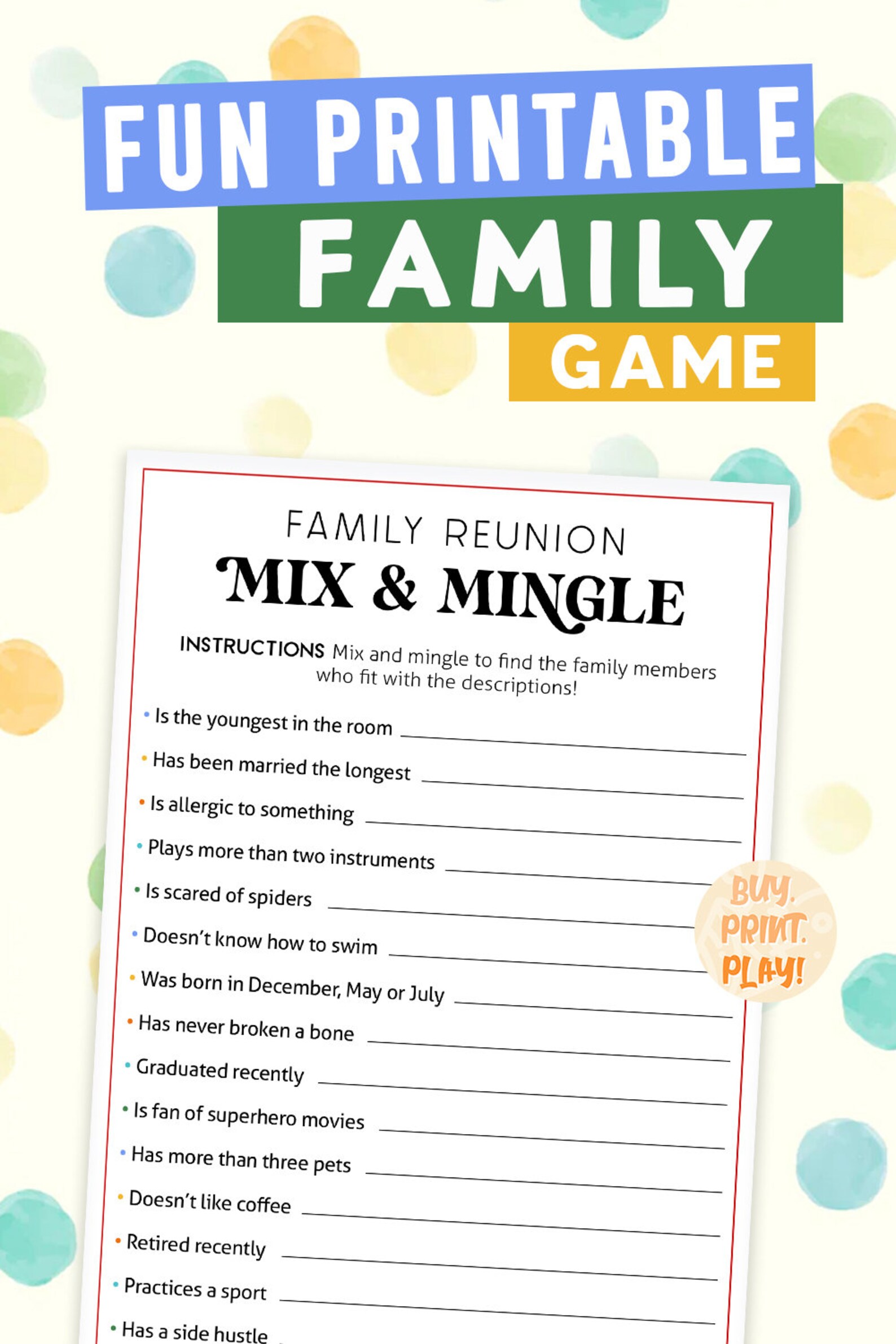 Family Reunion Mix and Mingle Game Family Gathering Party - Etsy