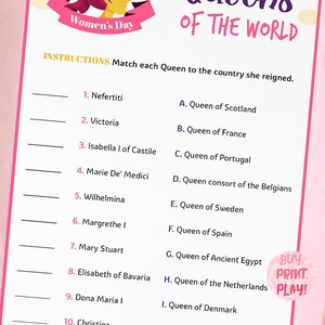 Womens Day Games - Queens of the World Trivia | Printable Game | Women ...