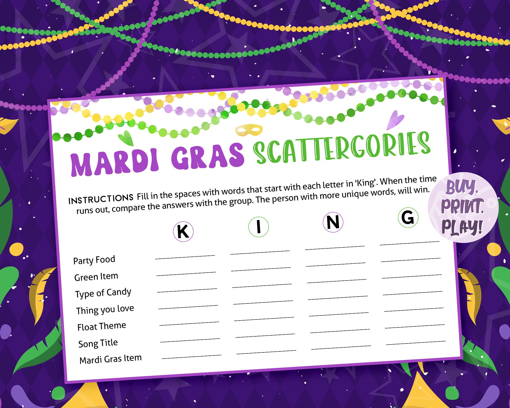 Mardi Gras Scattergories Printable Games New Orleans Fat - Etsy