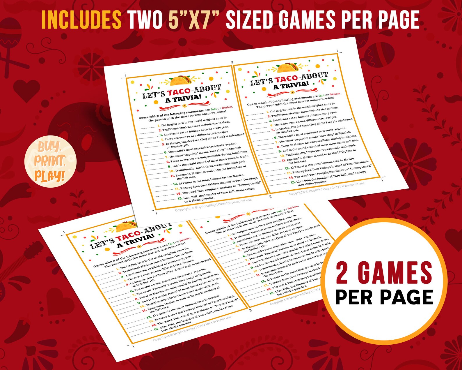 Cinco De Mayo Taco Trivia Mexican Fiesta Printable Games Tacos Fact or ...