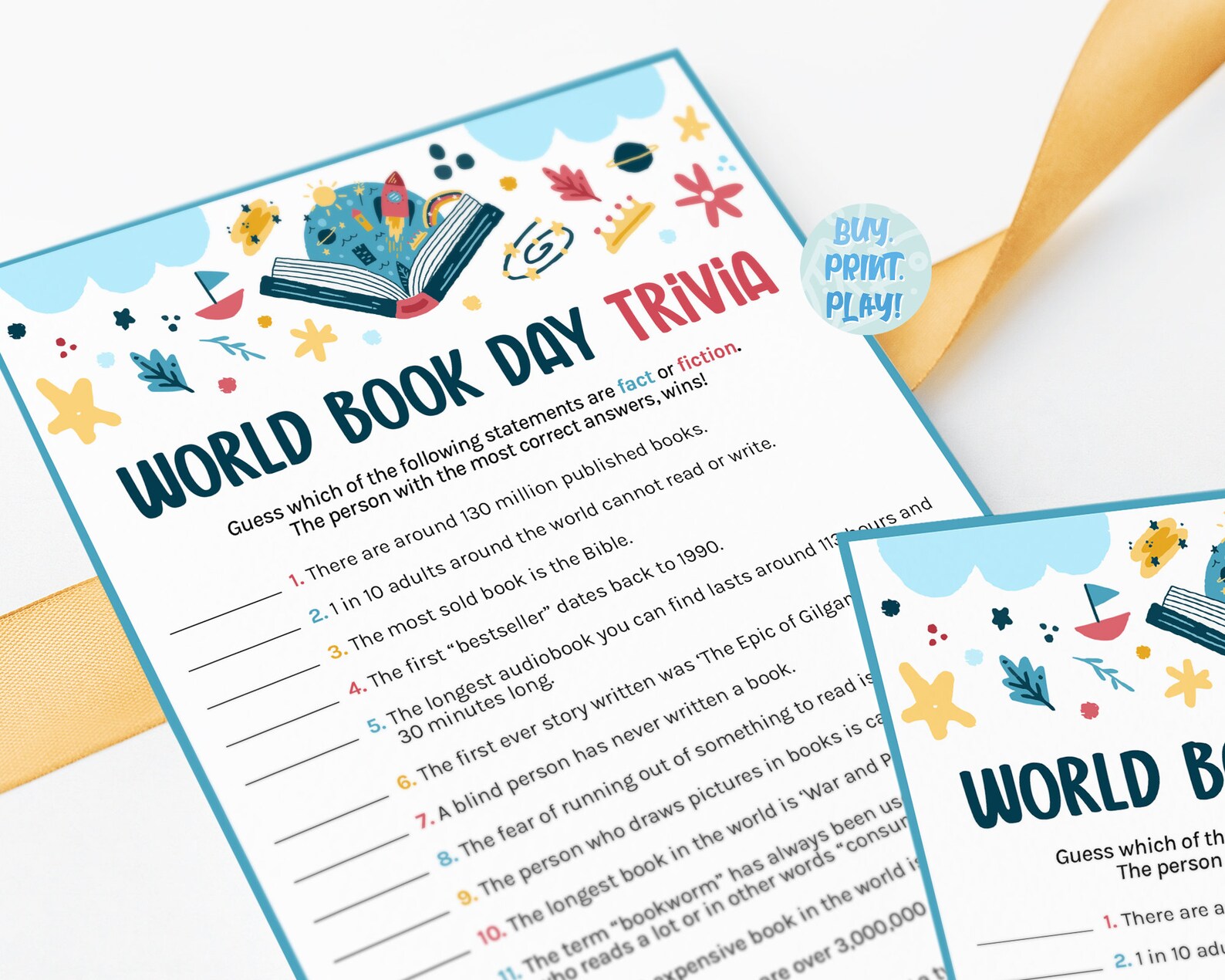 World Book Day Trivia Printable Games Books Fact or - Etsy