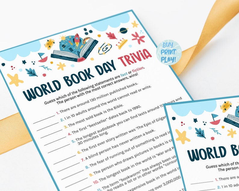 World Book Day Trivia Printable Games Books Fact or - Etsy