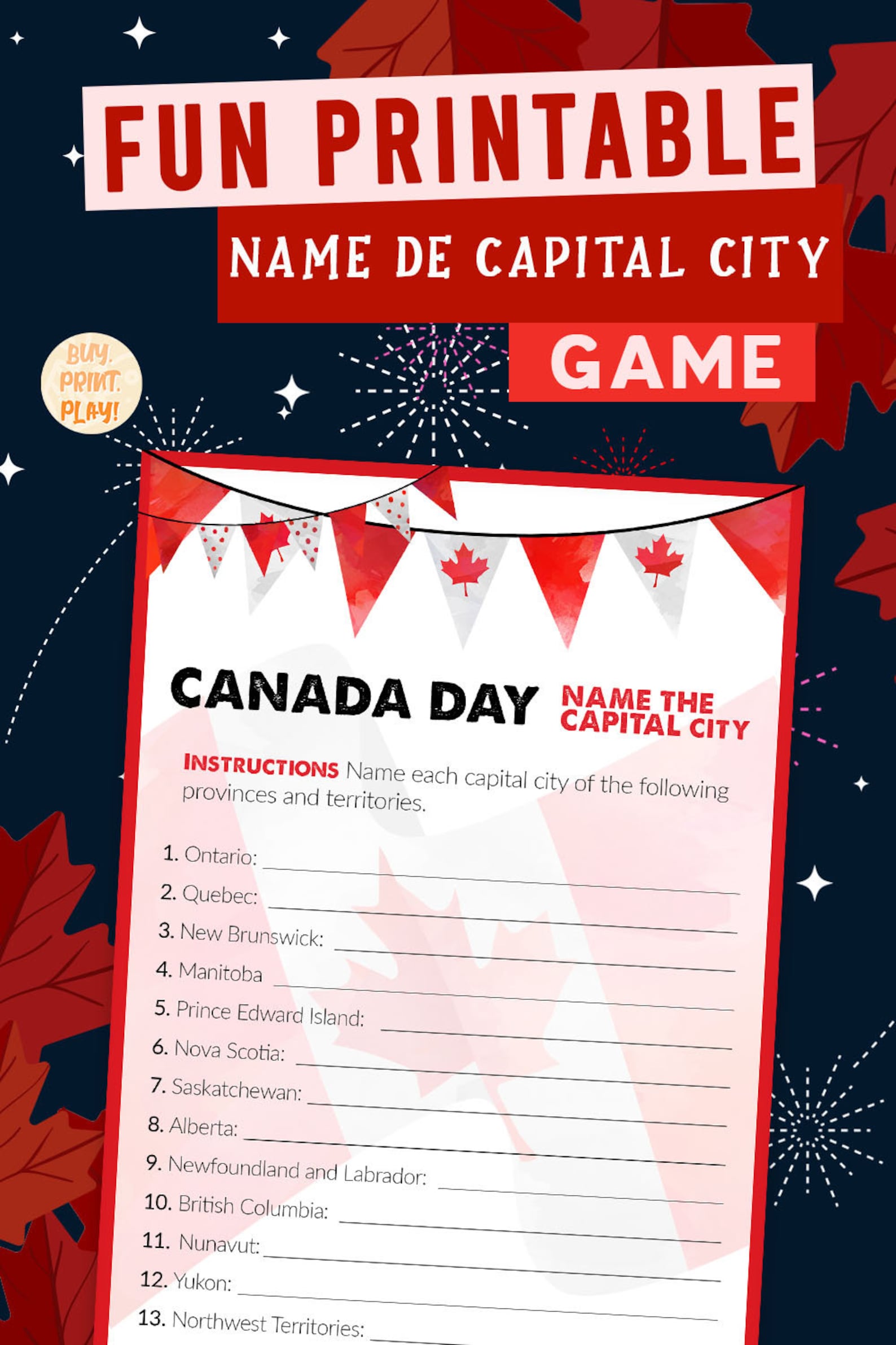 Canada Day Trivia Game Name the Capital Cities First of July Printable ...