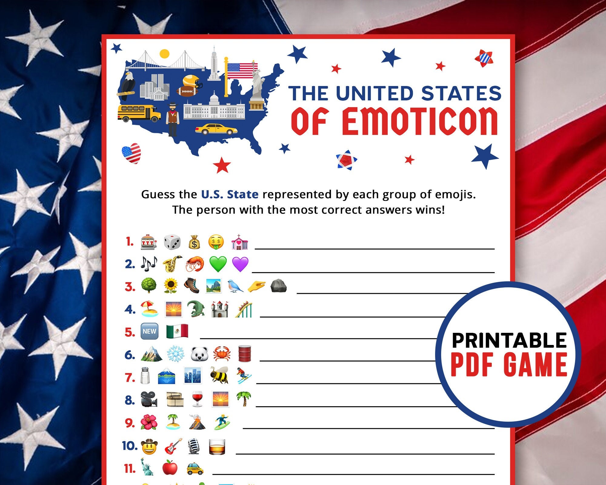 US States Emoji Pictionary Game 4th of July Games USA - Etsy