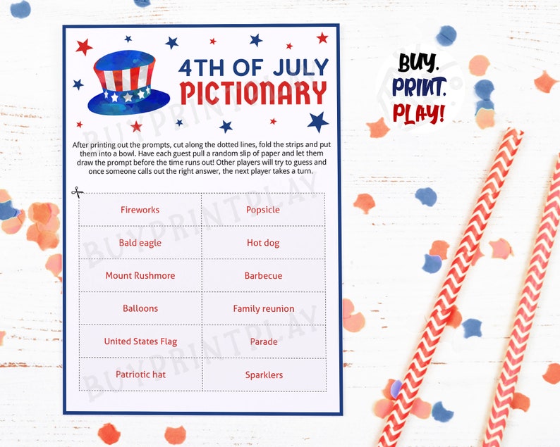 4th of July 34 Pictionary Prompts Printable Games for USA - Etsy
