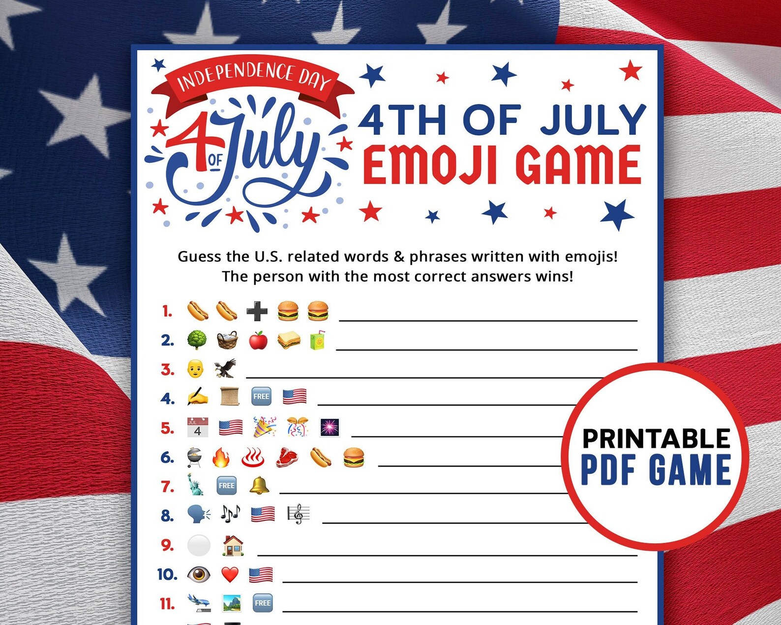 4th of July Emoji Quiz Game USA Patriotic Emoji Pictionary - Etsy