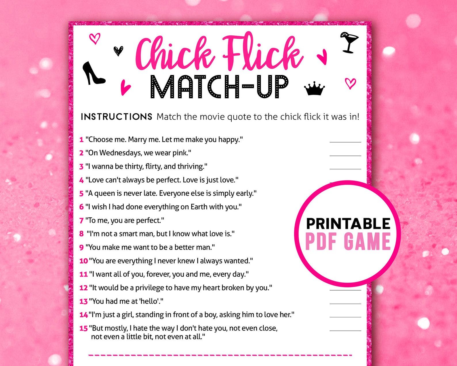 Chick Flick Match up Quote Trivia Ladies Night Party Printable Game ...