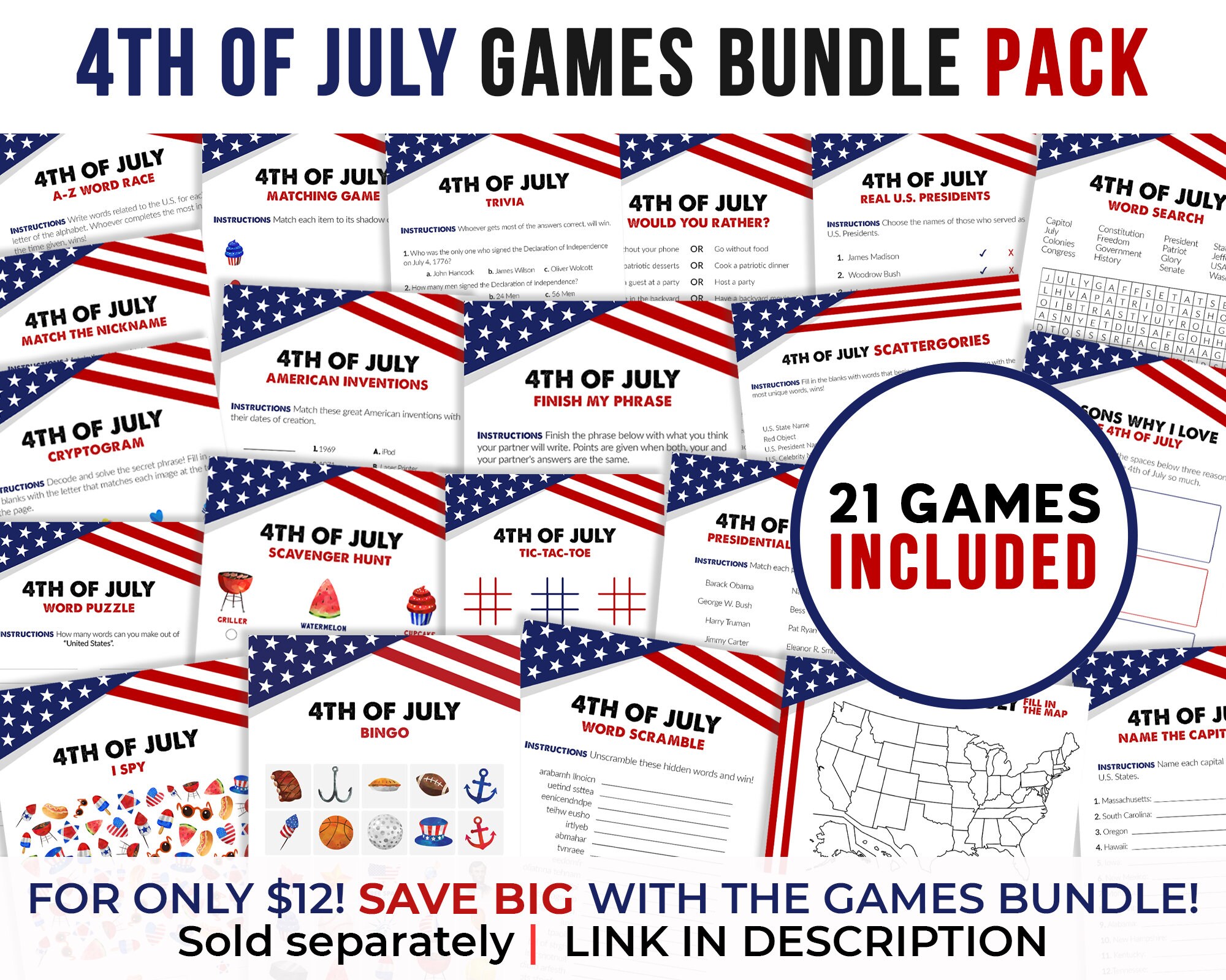 Fourth of July Trivia Game Match the State's Nickname | Etsy