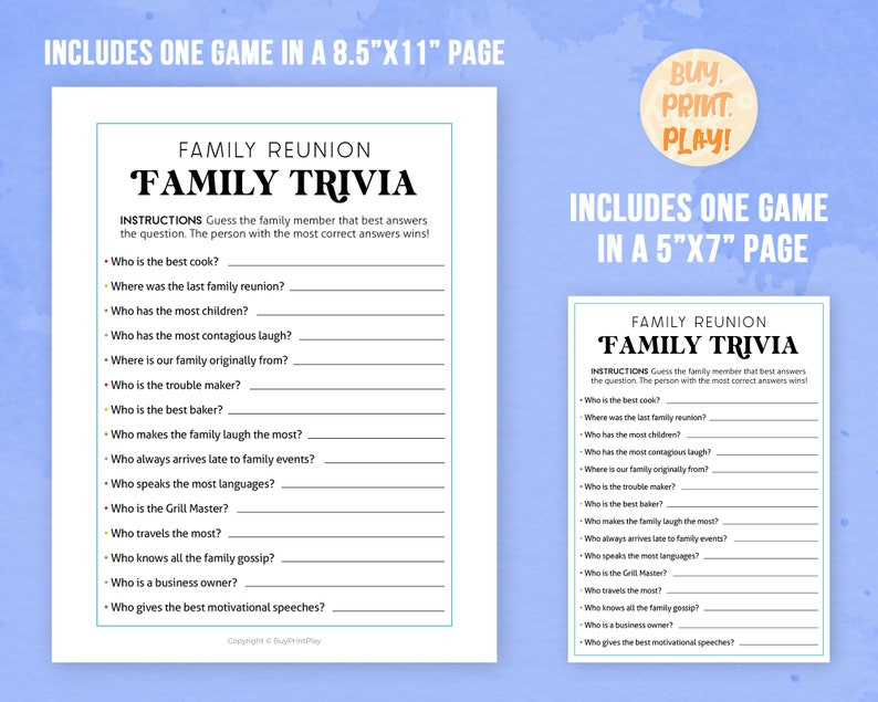 Family Reunion Trivia Game Family Gathering Party Activities - Etsy