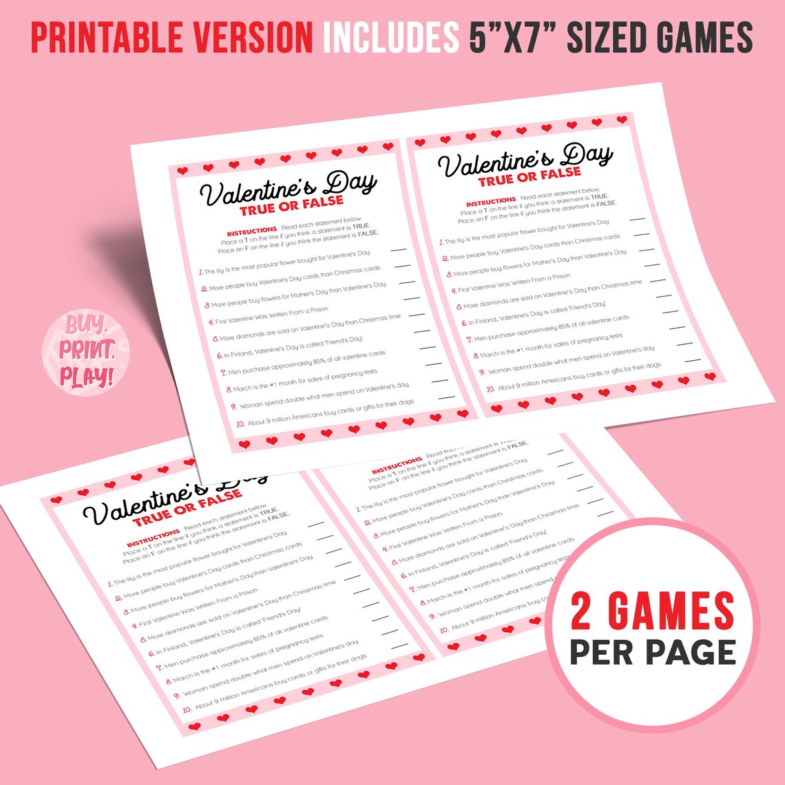 True Or False Trivia Valentines Day Printable Game Etsy