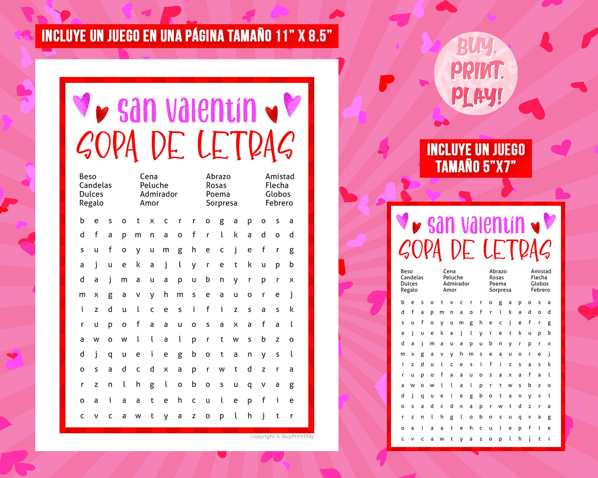 Spanish Valentines Word Search Printable Games for Kids - Etsy