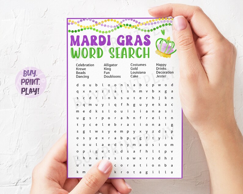 Mardi Gras Word Search Party Games New Orleans Fat Tuesday | Etsy
