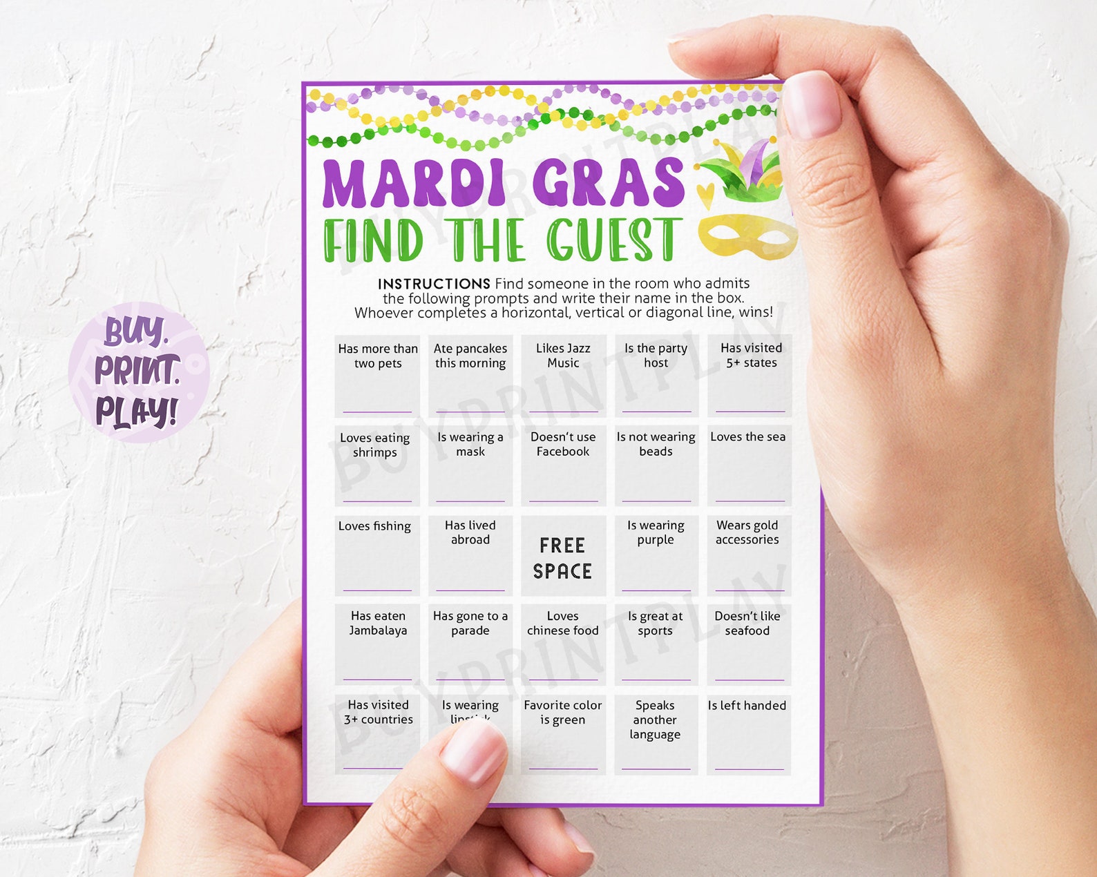 Mardi Gras Find the Guest Bingo Games for Adults Carnival | Etsy