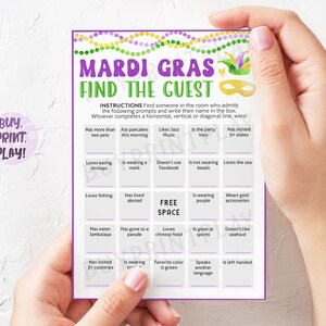 Mardi Gras Find the Guest Bingo | Games for Adults | Carnival Party ...