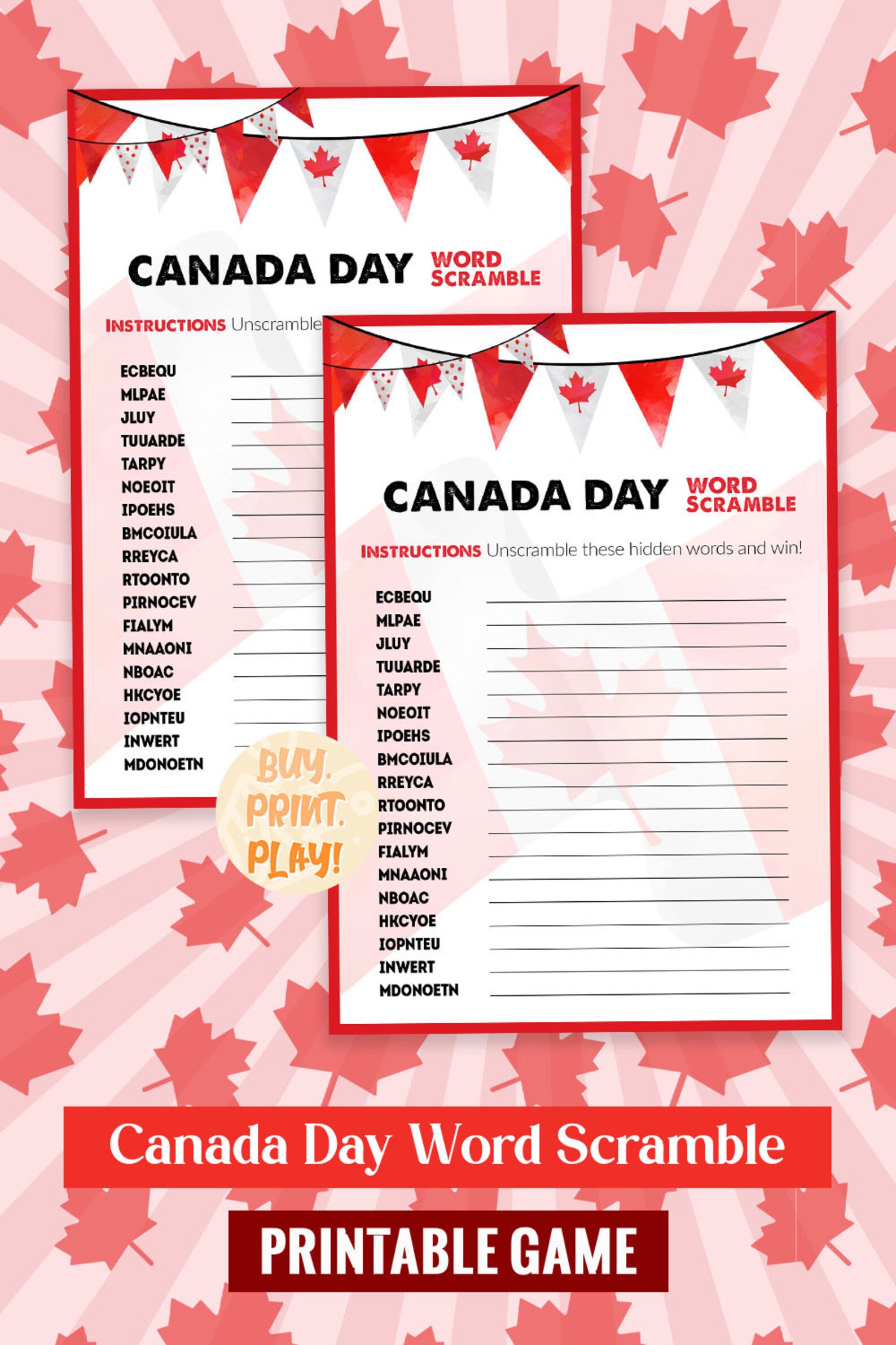 Canada Day Word Scramble First of July Printable Games | Etsy