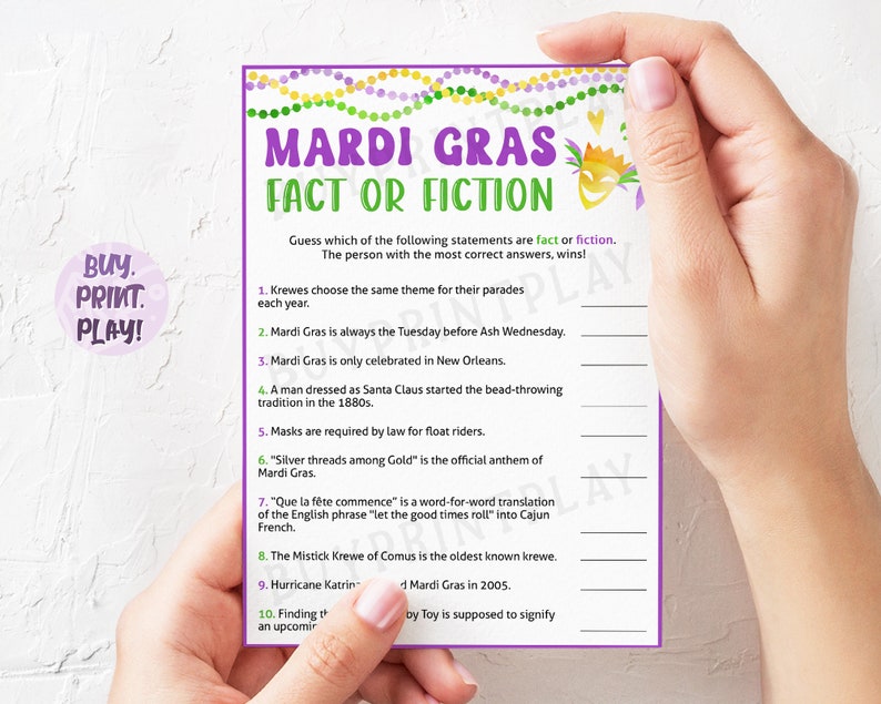 Mardi Gras Fact or Fiction Trivia Games for Adults & Kids | Etsy