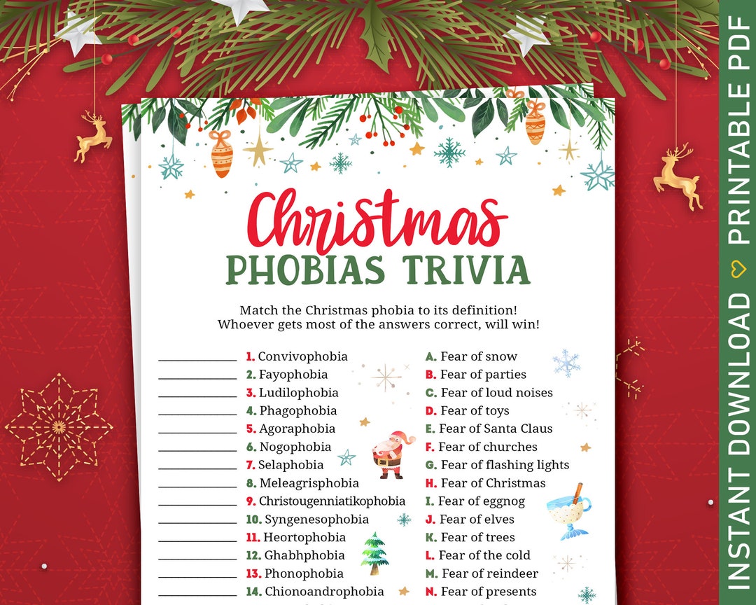 Christmas Phobias Trivia | Friendsmas Party Printable Games for Adults ...
