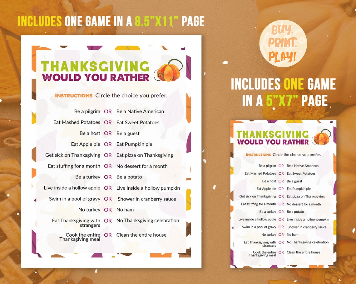 Would You Rather Thanksgiving Game Printable Games for Kids | Etsy